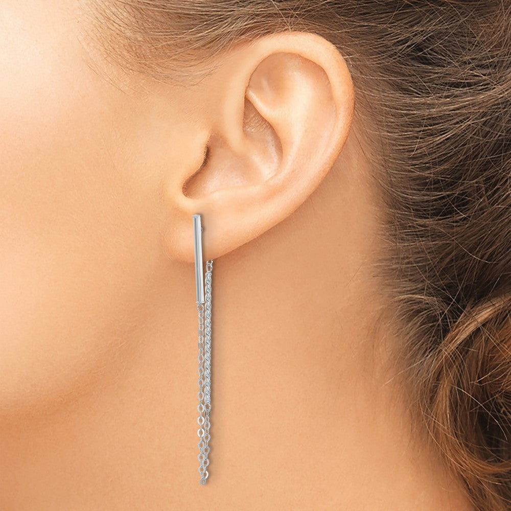 Qgold 14K White Gold 1.5 mm Polished and Twisted Bar W Chain Post Earrings 1.84 grams