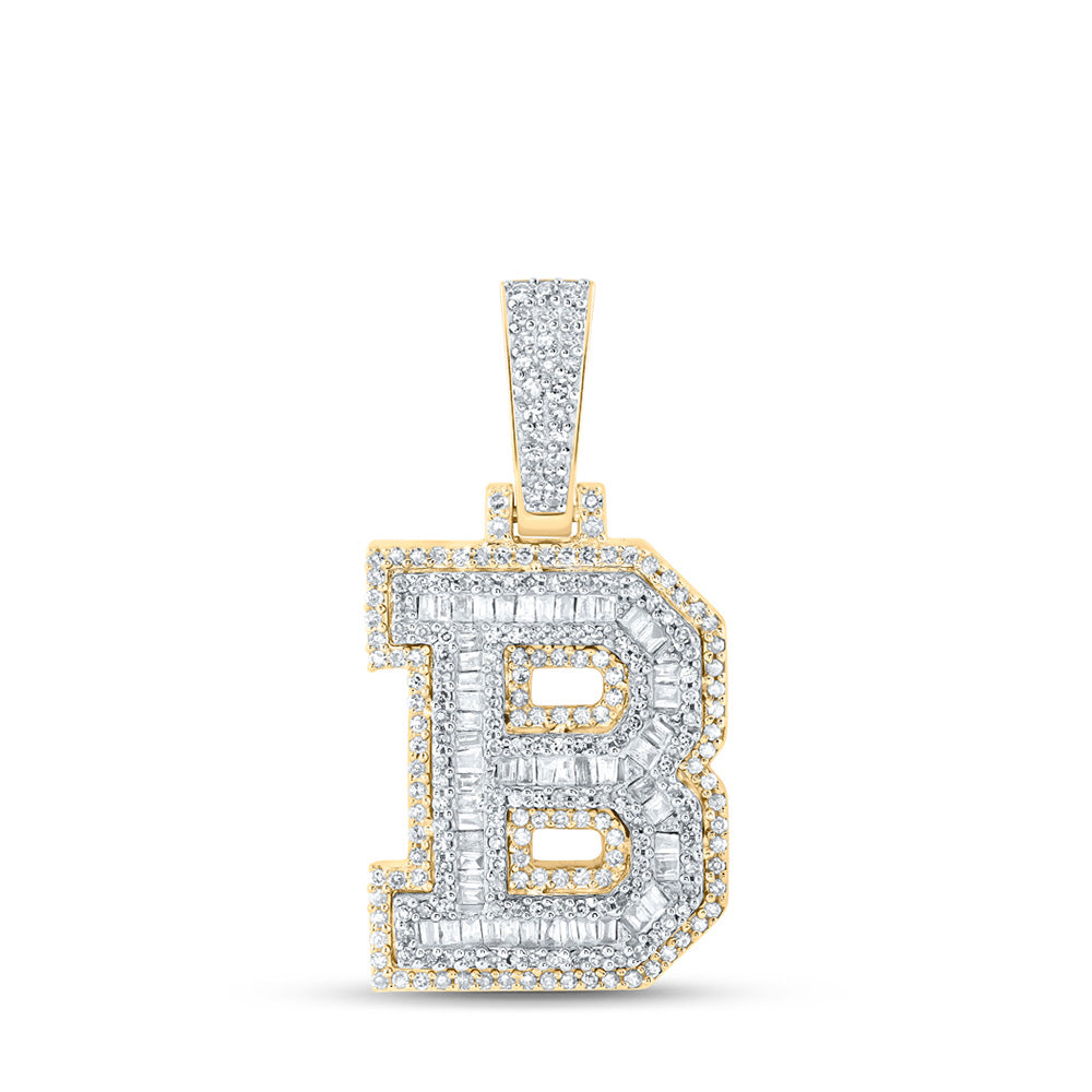 Gold B Initial Letter Charm Pendant 3/4 Cttw Baguette Natural Diamond